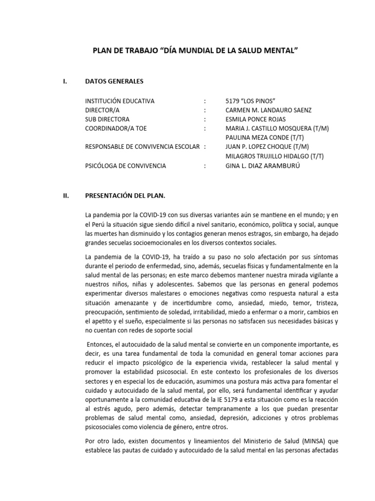 Plan de Trabajo de Salud Mental | PDF | Salud mental | Ansiedad