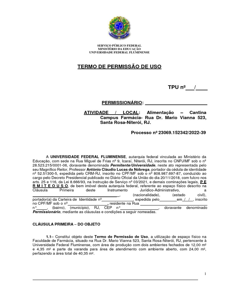 3. Anexo II - Pe 102-2022 - Minuta Termo de Permissao de Uso - Cantina Farmacia | Download ...
