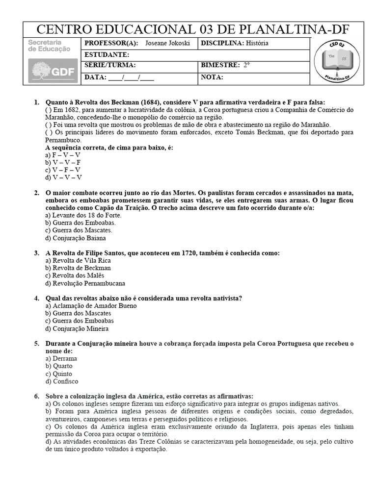 PROVA 8 ANO CED-3 | Download grátis PDF | Treze Colônias