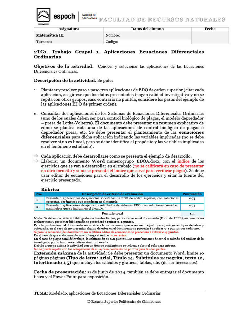 2TG1. Tarea Grupal 1. Modelado. Aplicaciones EDO Superior y Sistemas | PDF | Ecuaciones ...