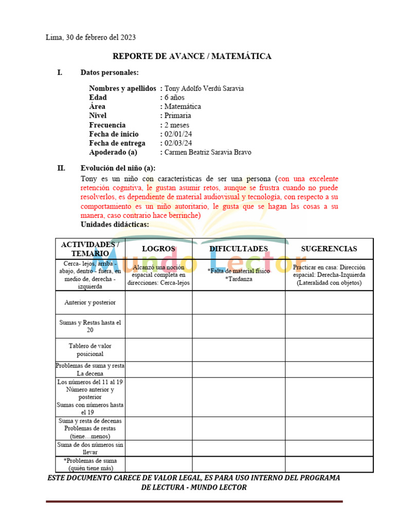 Reporte Modelo 1° | PDF
