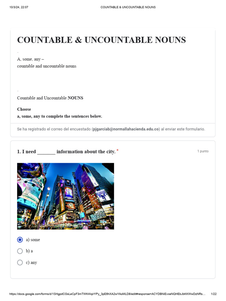 COUNTABLE AND UNCOUNTABLE NOUNS Quiz - Formularios de Google | PDF ...