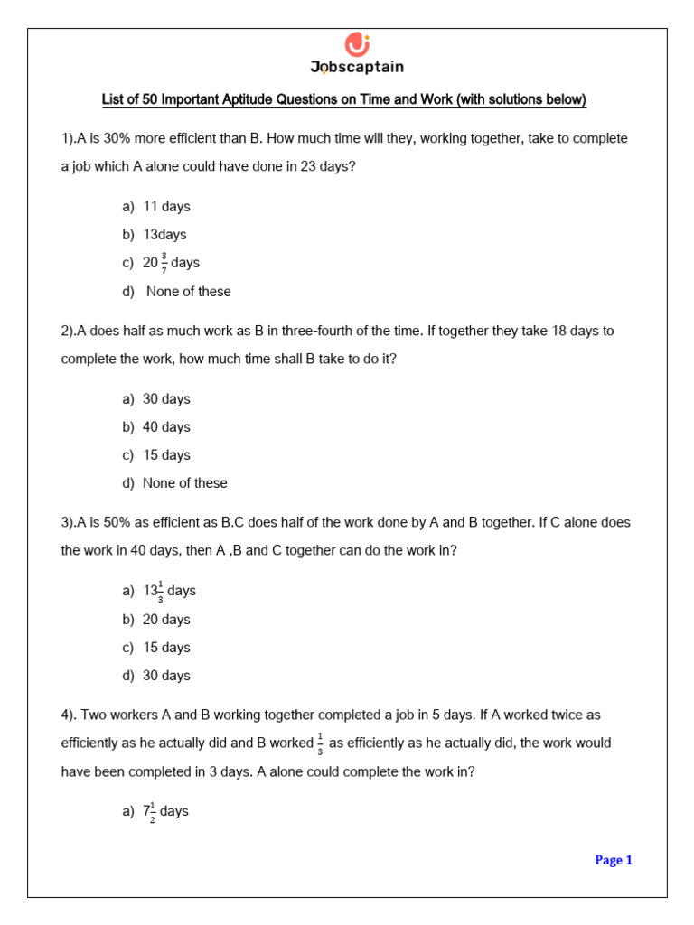 List of 50 Important Aptitude Questions On Time and Work (With Solutions) | PDF | Teaching ...