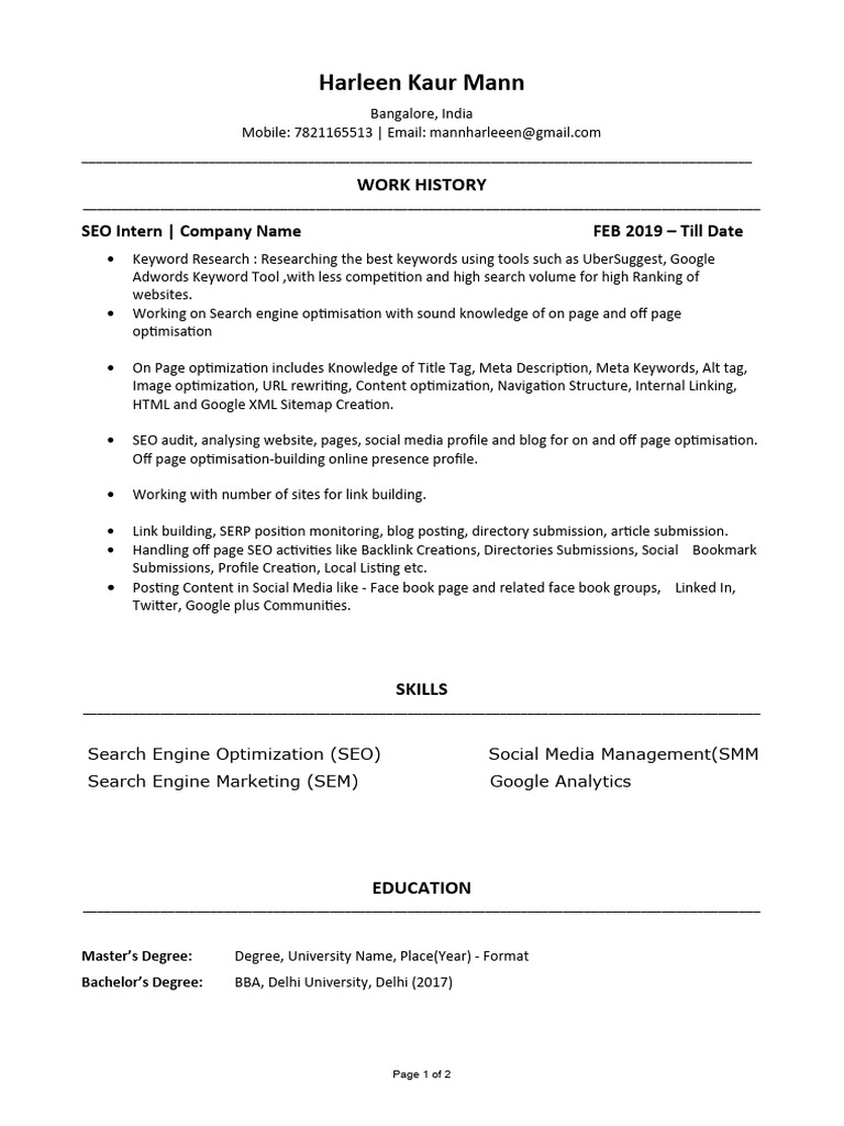 SEO Resume Intern | Download Free PDF | Search Engine Optimization ...