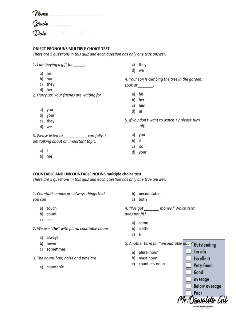 Object Pronouns Multiple Choice Test | Download Free PDF | Verb | Adverb