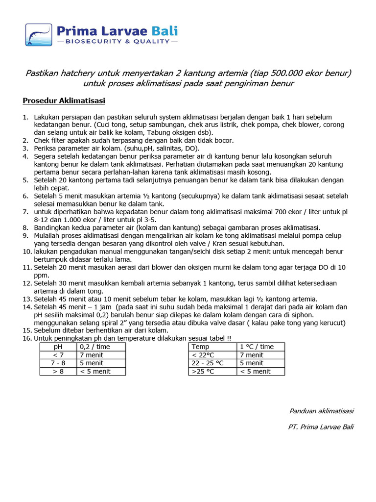 Prosedur Aklimatisasi Di PT Prima Larvae Bali | PDF