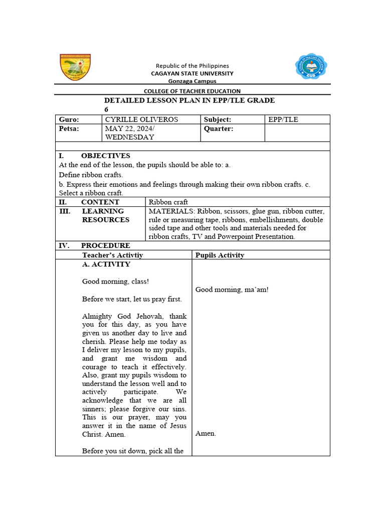 DETAILED LESSON PLAN IN EPP | PDF | Textiles