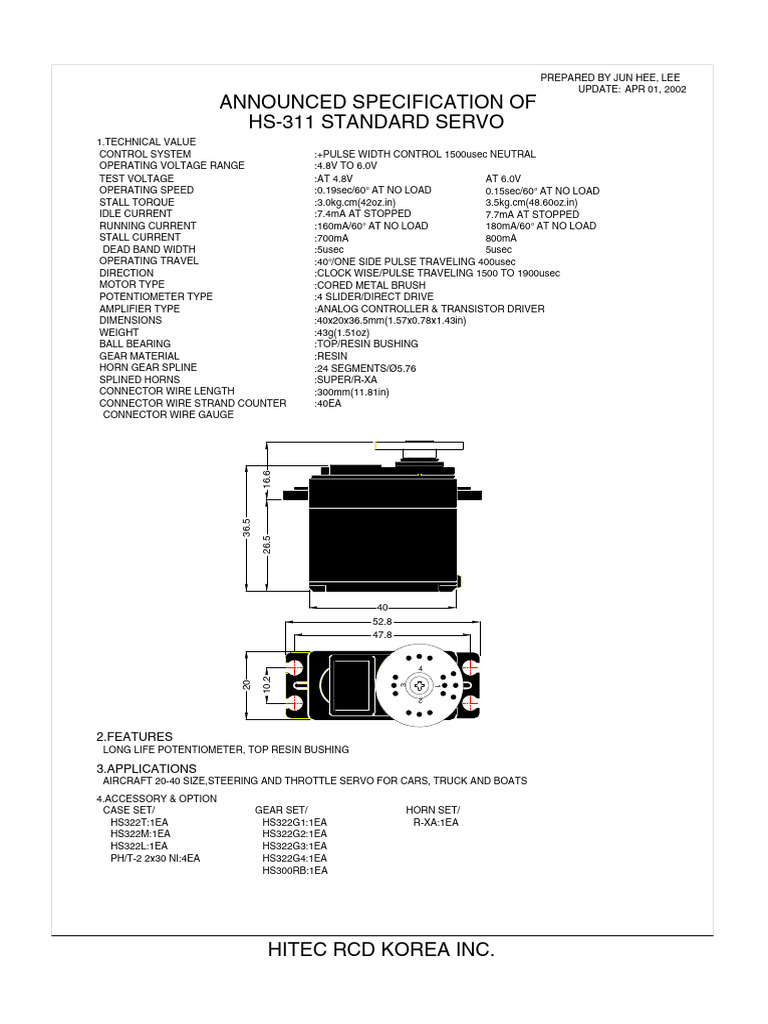 Announced Specification of Hs-311 Standard Servo: 2.features | PDF | Servomechanism | Gear