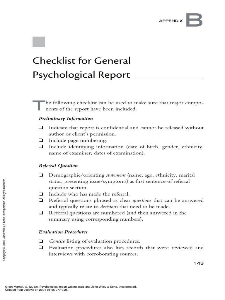 Psychological Report Writing Assistant - Appendix B Checklist For ...