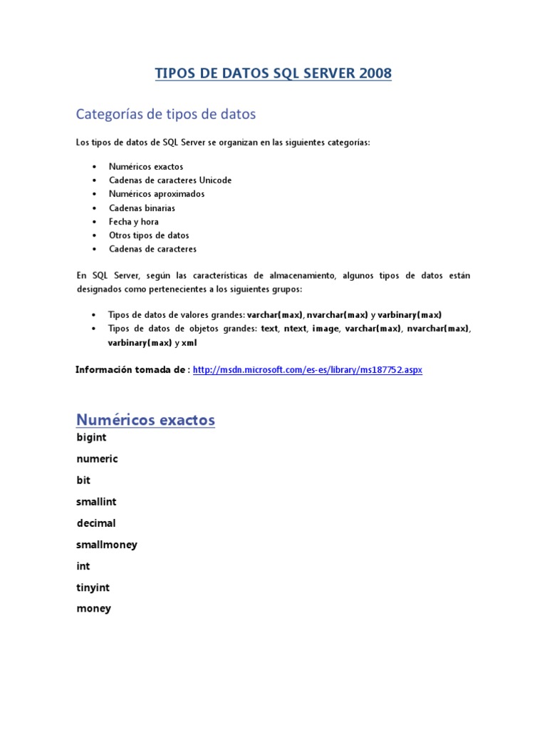 Tipos de Datos SQL Server 2008 | PDF | Tipo de datos | Servidor SQL de ...
