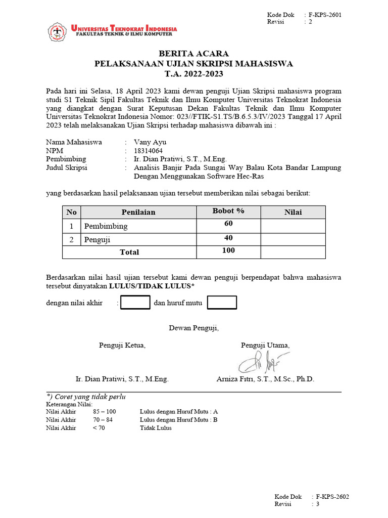 Berita Acara Sidang Skripsi - Vany Ayu | PDF