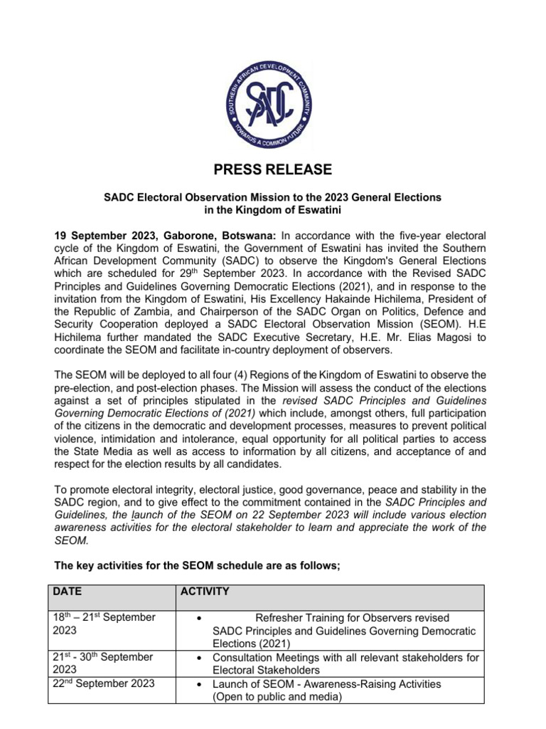 Eswatini SEOM 2023 - Press Release - 19 September 2023 | PDF | Southern ...