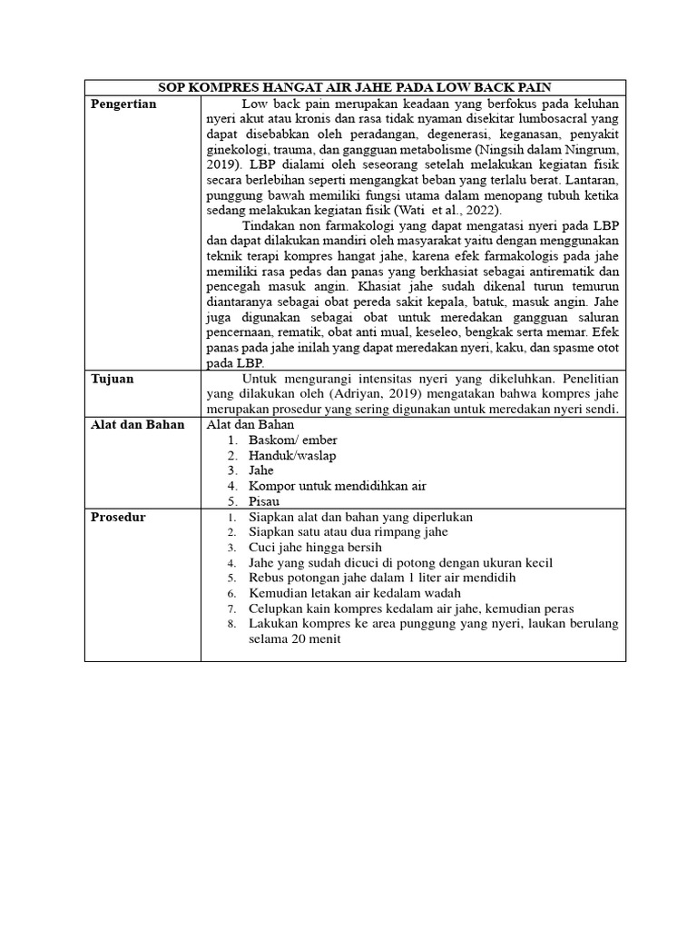 Sop Kompres Hangat Air Jahe Pada Low Back Pain 2 | PDF | Pengembangan ...