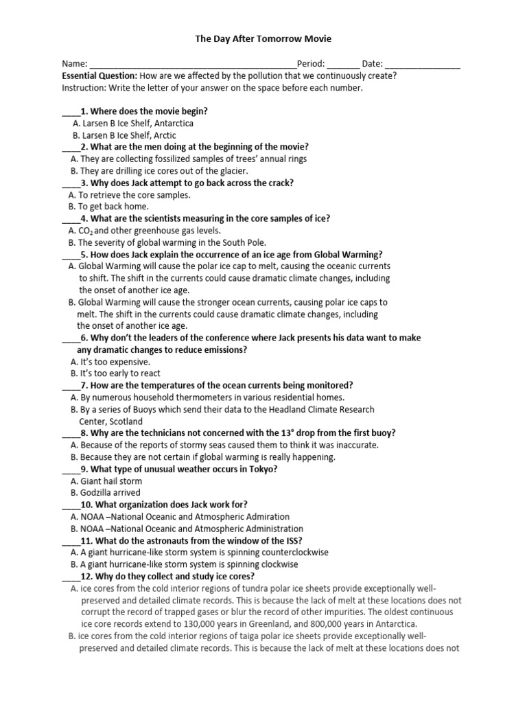 The Day After Tomorrow Quiz Answers | PDF | Climate Change | Weather