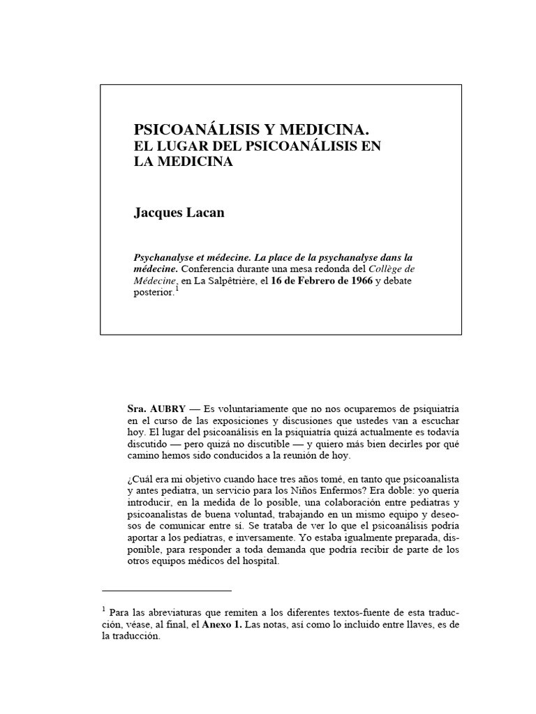 Lacan (1966) Psicoanálisis y Medicina | PDF | Psicoanálisis | Mente inconsciente