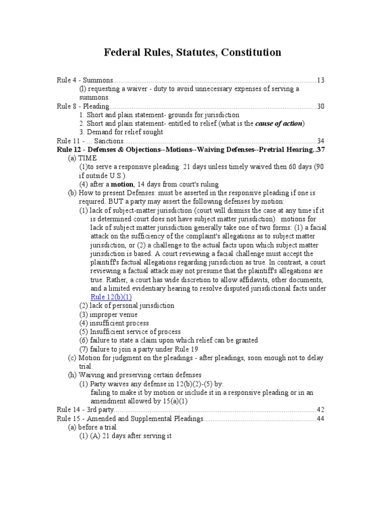 Federal Rules, Statutes, Constitution: Rule 12 - Defenses & Objections ...