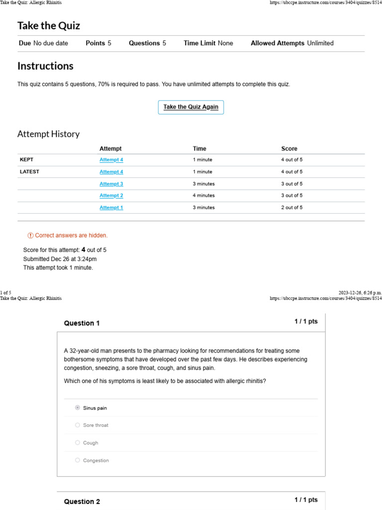 Allergic Rhinitis Quiz Overview | PDF | Allergy | Allergology