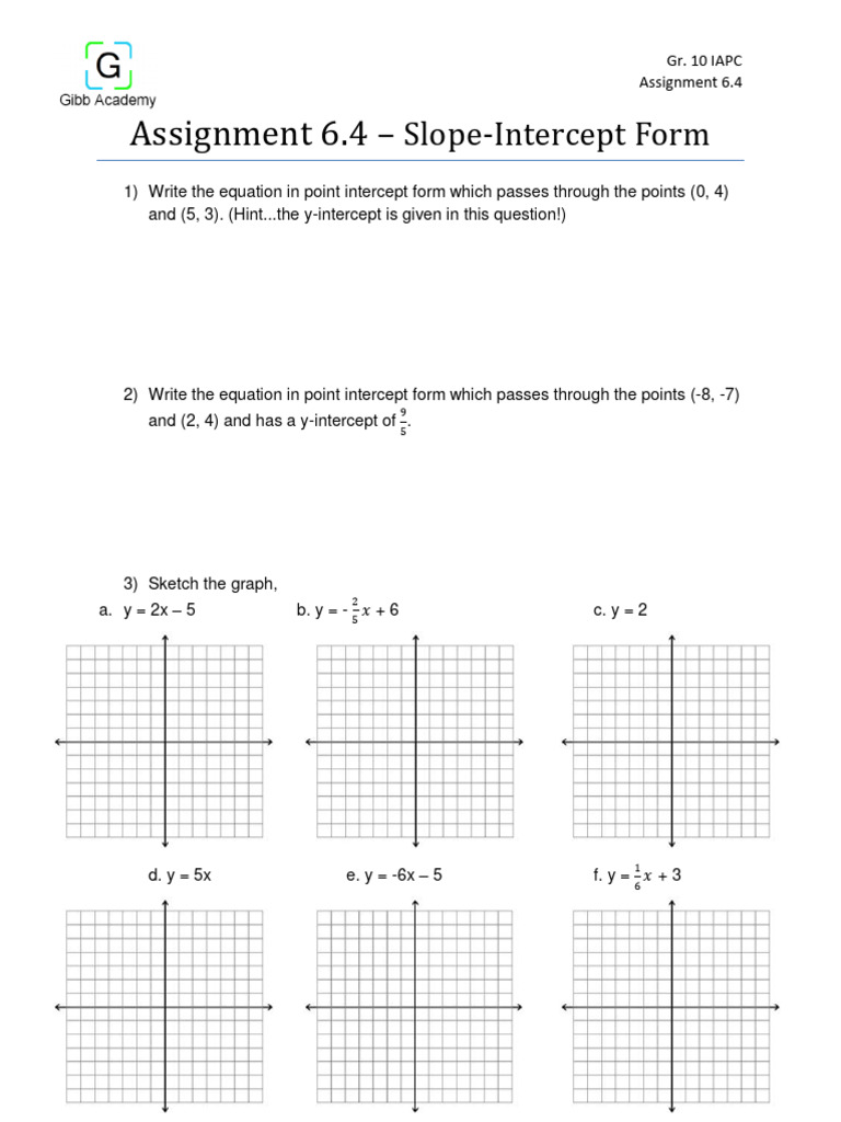 6.4 - Assignment 6.4 - Slope-Intercept Form | PDF
