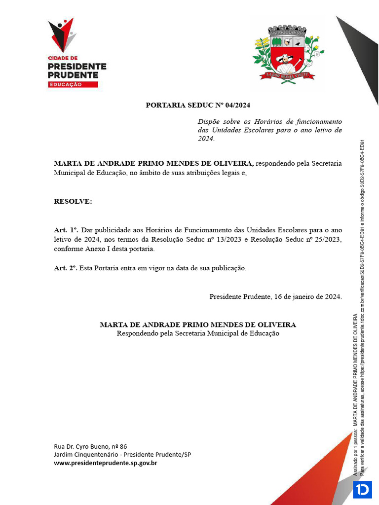 Portaria Seduc 04 2024 Horario de Funcionamento Das UEs 2024 Divulg | PDF