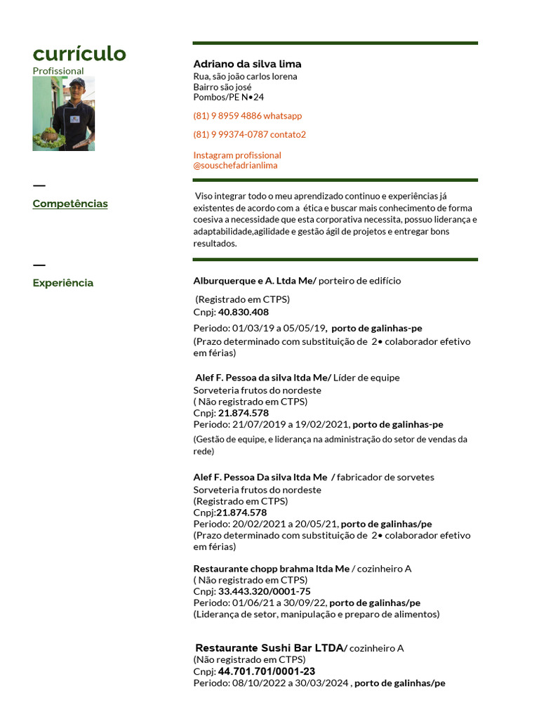 Curriculo Adriano Silva PDF | PDF | Chef (culinária)