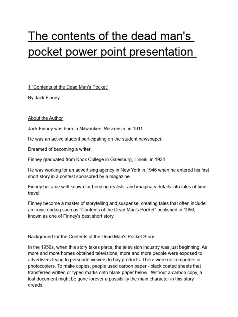 The Contents of The Dead Man's Pocket Presentation | PDF | Narration