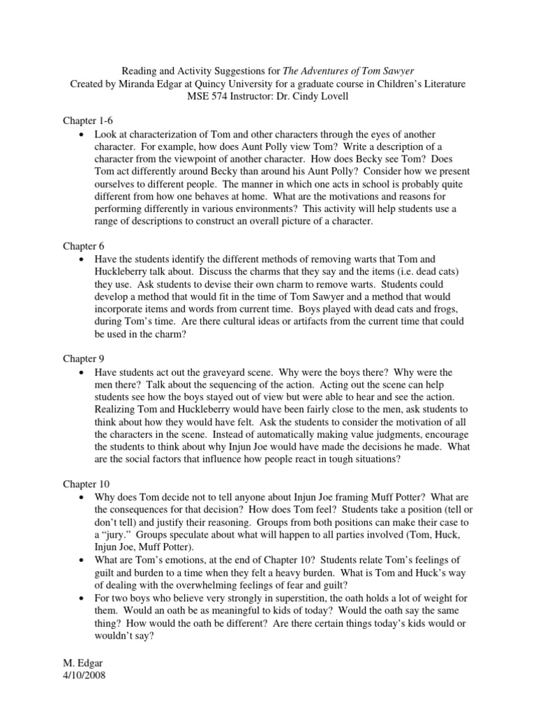 Tom Sawyer Reading and Activity Suggestions | Download Free PDF | The ...