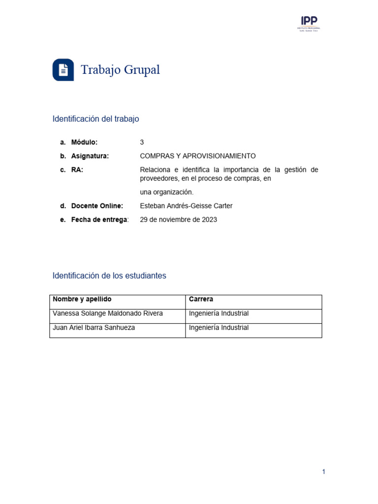 Trabajo Grupal - TG - M3 - COMPRAS Y APROVISIONAMIENTO | PDF | Evaluación | Toma de decisiones