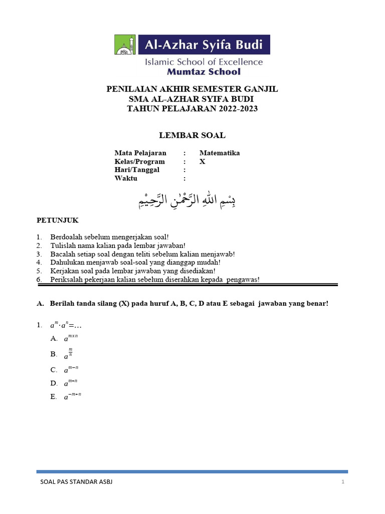Soal Pas Ganjil Math Kelas X 2022-2023 Oke | PDF