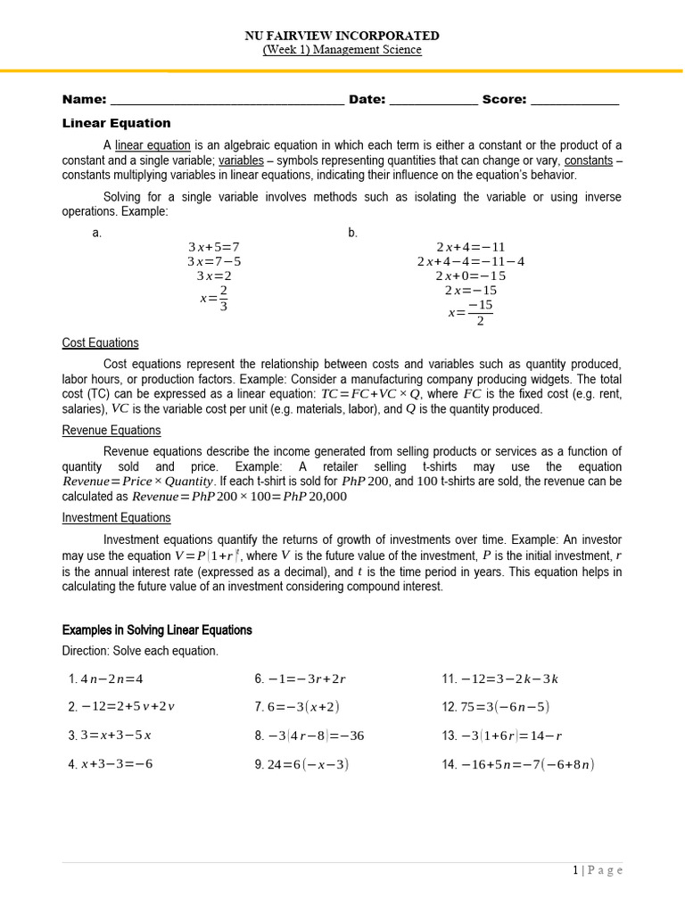 (Week 1) Management Science Worksheets | PDF | Equations | Variable (Mathematics)