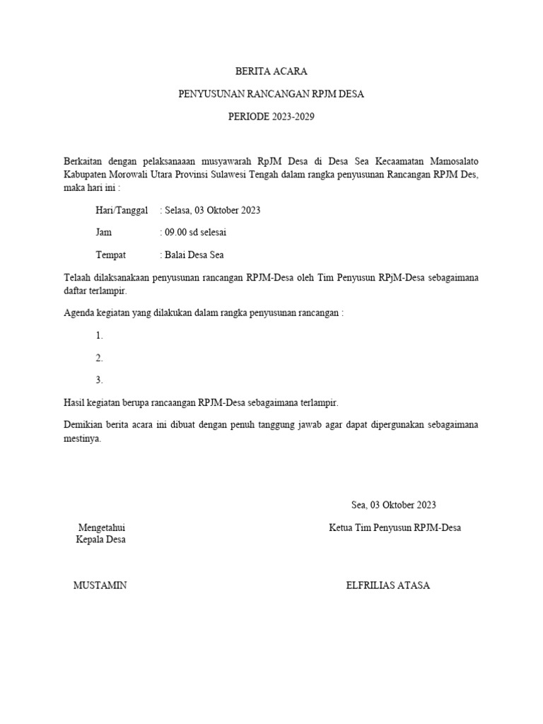 Berita Acara Penyusunan Rancangan Rpjmdes 2023-2029 | PDF