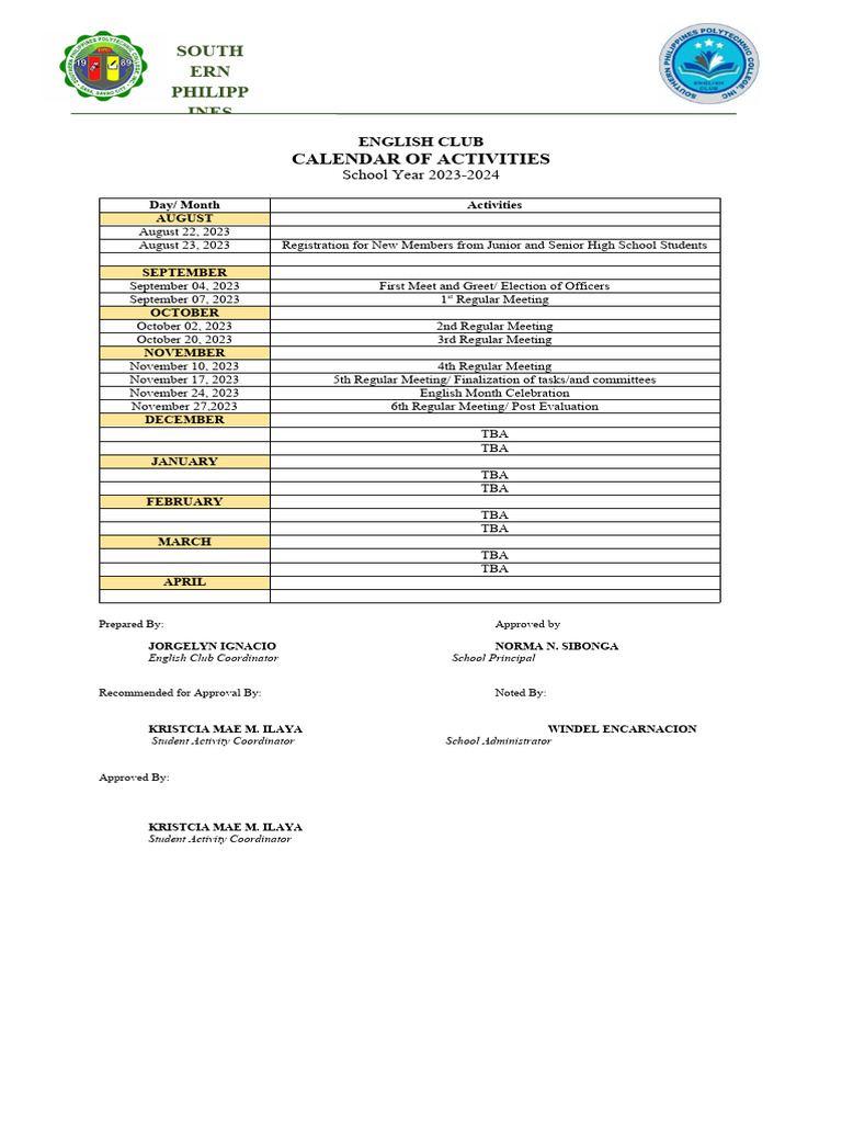 Yec Calendar of Activities | PDF