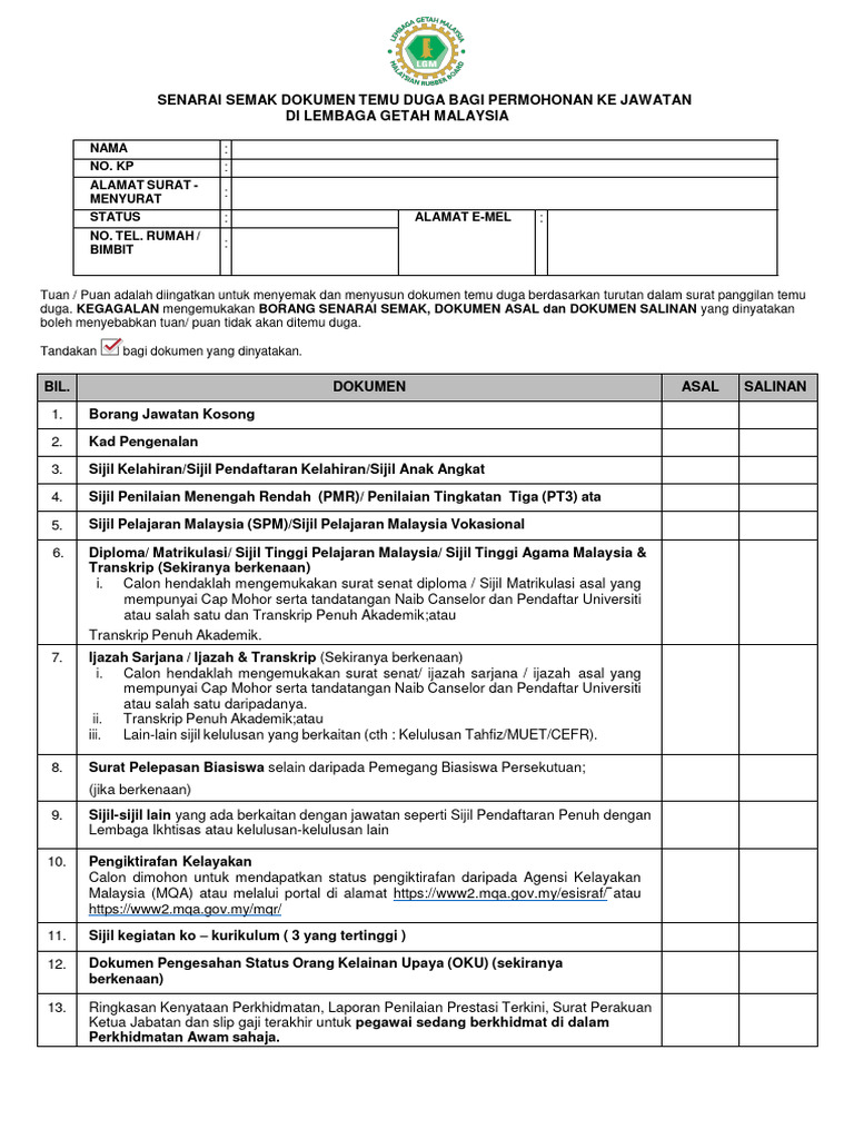 Senarai Semak Dokumen Temuduga Lembaga Getah Malaysia Terkini | PDF