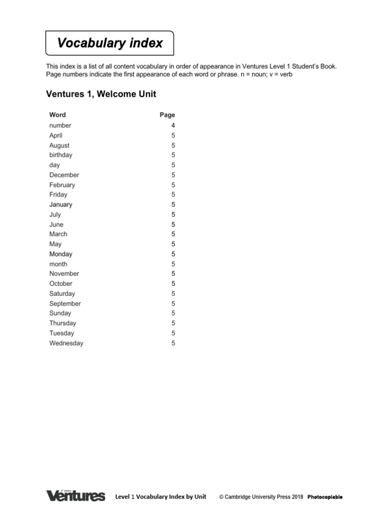 Ventures 1 Vocabulary Index | PDF