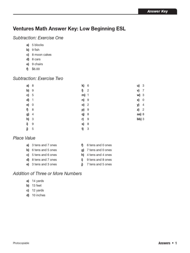 Ventures Level 1 Low Beginning Answer Key Math Worksheet | PDF ...