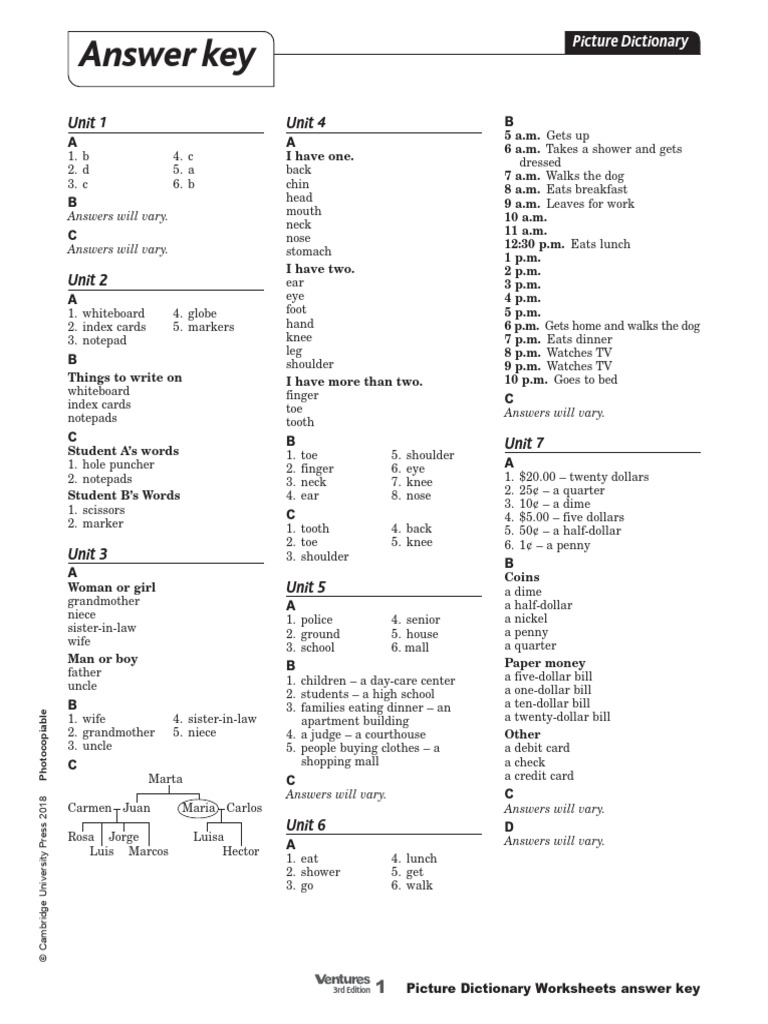 VENTURES3ED PictureDictionary Level1 Worksheets AnswerKey | PDF