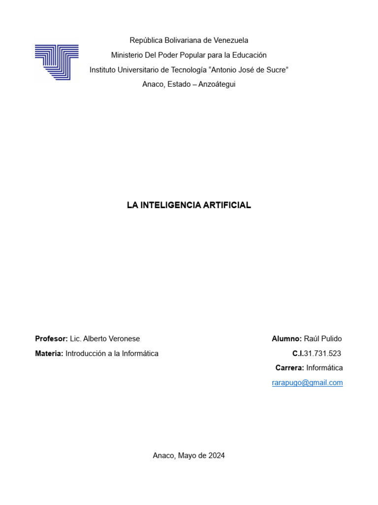 Trabajo de La Inteligencia Artificial UTS Anaco | PDF | Inteligencia ...