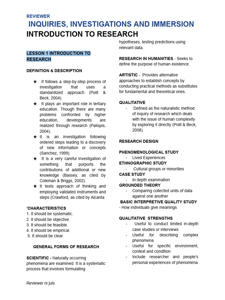 Inquiries Investigations and Immersion Reviewer | PDF | Quantitative ...