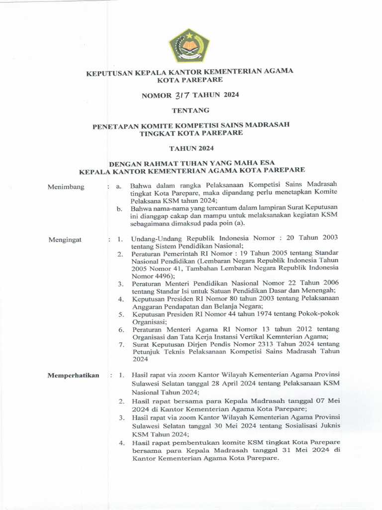 SK Komite KSM Tk. Kota Pare 2024 | PDF