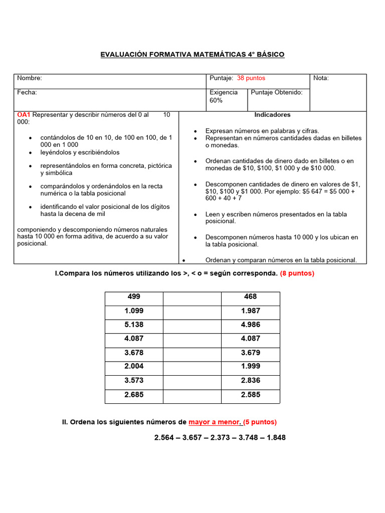 Prueba Formativa - Matemáticas 4° - Números II | Descargar gratis PDF | Matemáticas | Aritmética