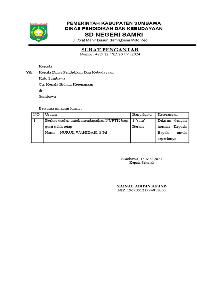 Surat Pengantar Pengajuan Nuptk | PDF