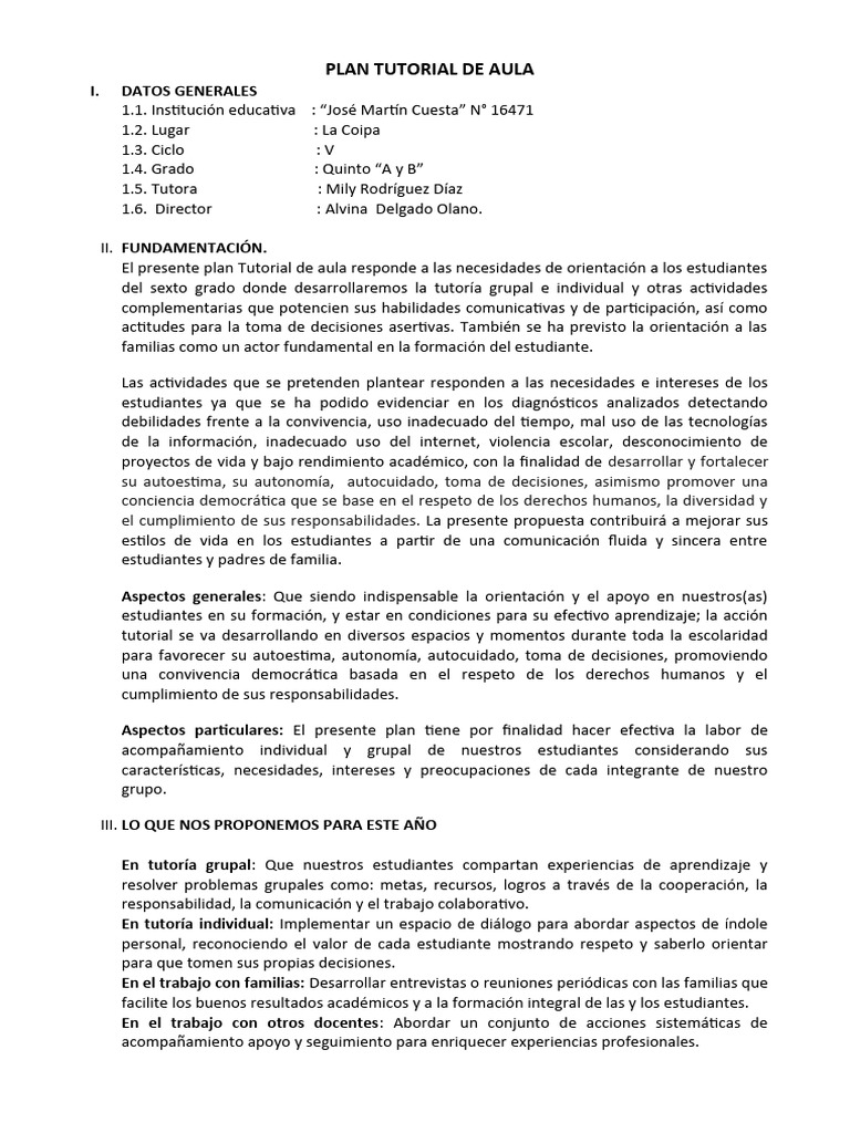 PLAN TUTORIAL DE AULA 2023 | PDF | Evaluación | Aprendizaje