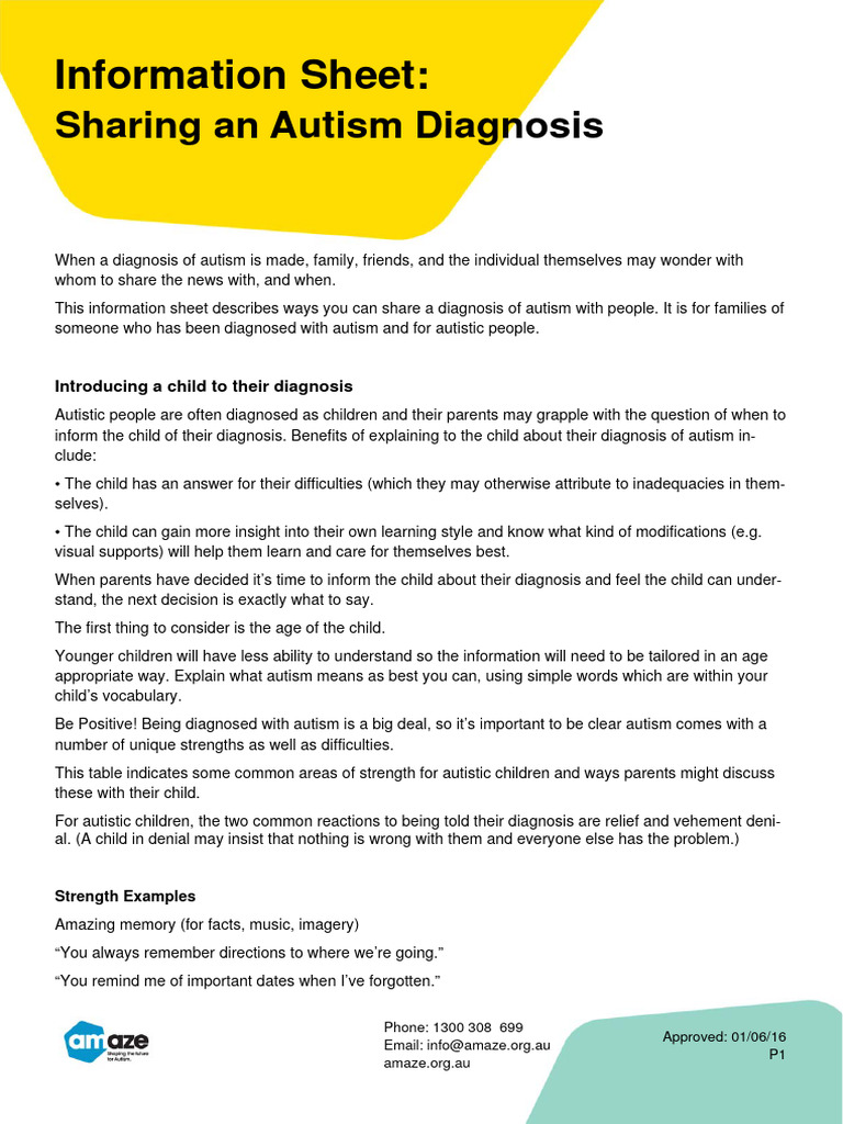 Amaze Information Sheet Sharing An Autism Diagnosis Pdf Autism