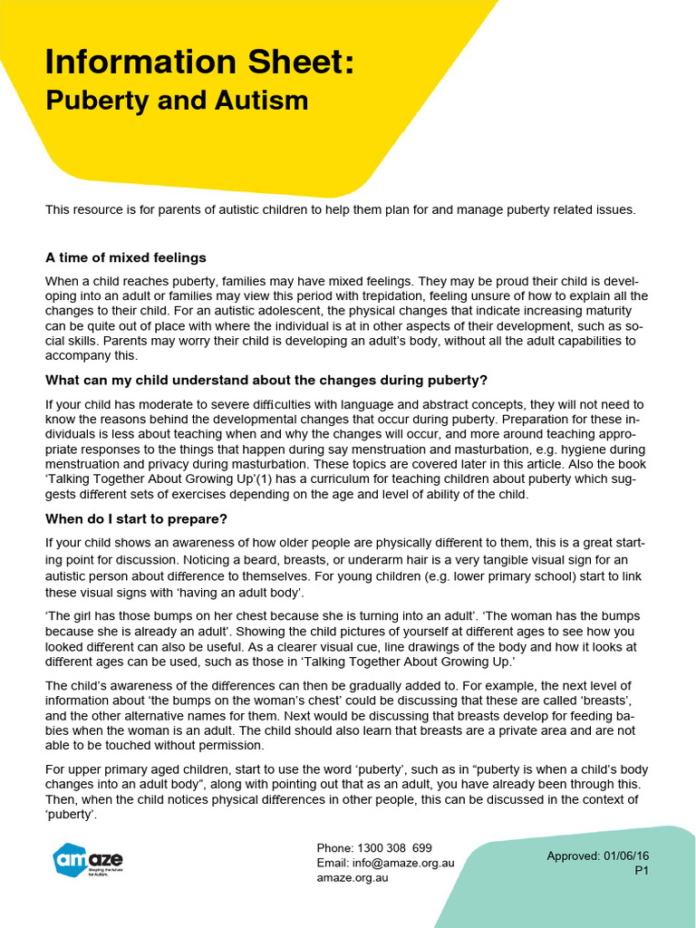 Amaze Information Sheet Puberty And Autism Pdf Adolescence Puberty