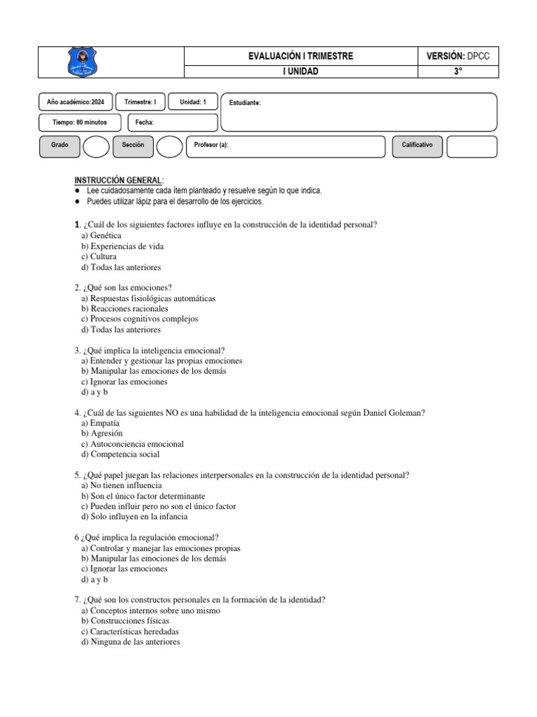 EvaluaciÓn 3° Dpcc Pdf Las Emociones Inteligencia Emocional 1070