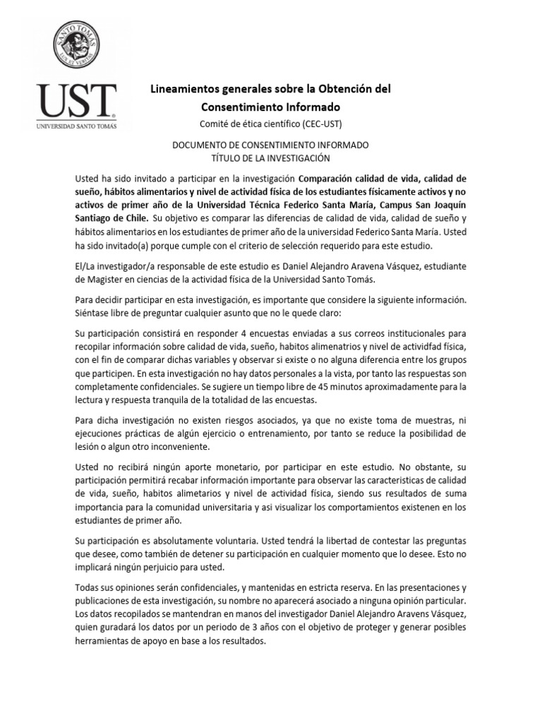 Lineamiento y Modelo de Consentimiento Informado para Investigacion UST ...