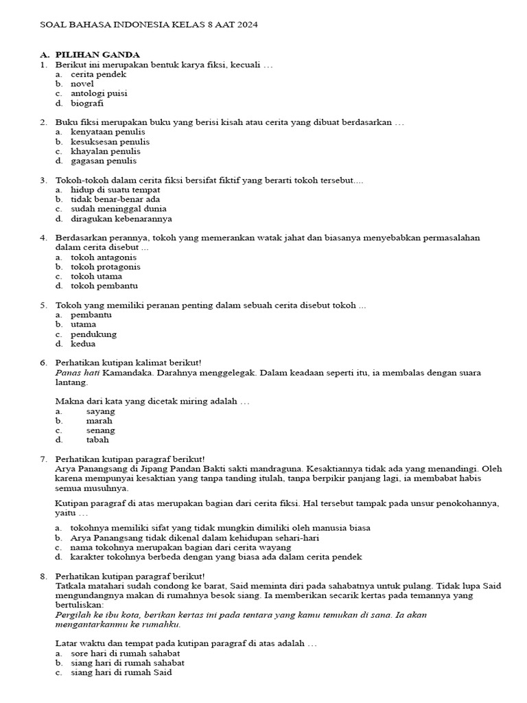 SOAL AAT BHS INDO KELAS 8 2024 Fix | PDF