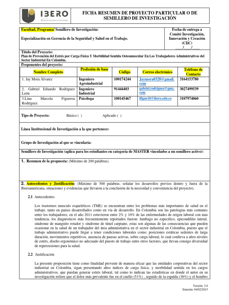 Ficha Resumen de Proyecto Particular o de Semillero de Investigación | PDF | Estrés (biología ...
