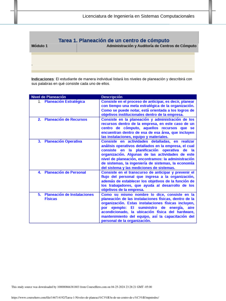 Tarea 1. Niveles de Planeaci N de Un Centro de C Mputo | PDF | Planificación