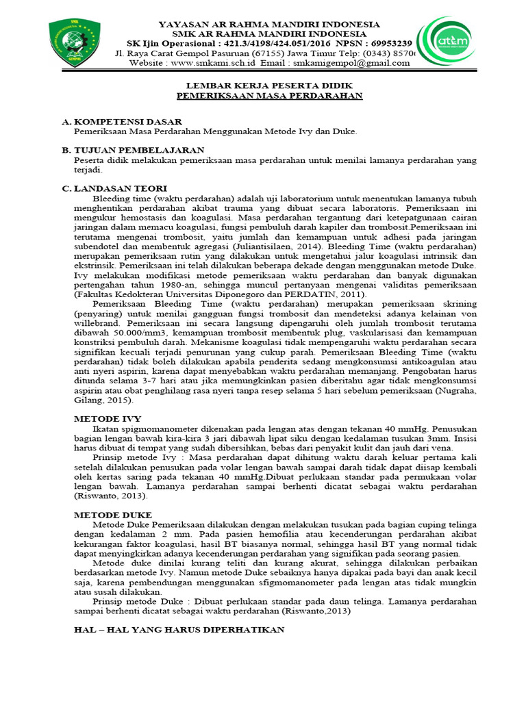 LKPD PEMERIKSAAN MASA PERDARAHAN | PDF LKPD PEMERIKSAAN MASA PERDARAHAN | PDF