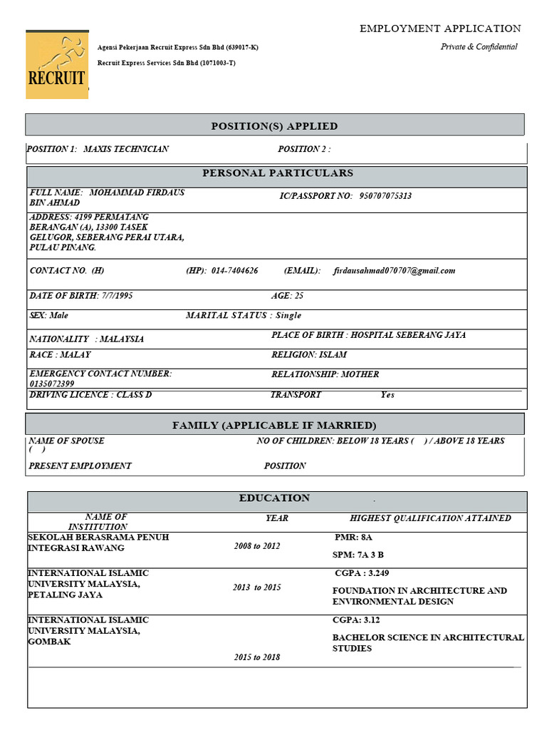 RE-Employment-Application-Form - Mohd Firdaus B. Ahmad | PDF | Salary ...